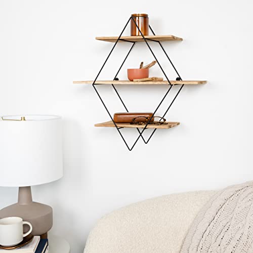 Greenco Geometric Diamond Shaped 3 Tier Mounted Floating Shelves, Rustic Wood Wall Storage Shelves for Bedroom, Living Room, Bathroom, Kitchen, Office, Natural Finish