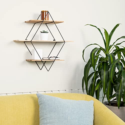 Greenco Geometric Diamond Shaped 3 Tier Mounted Floating Shelves, Rustic Wood Wall Storage Shelves for Bedroom, Living Room, Bathroom, Kitchen, Office, Natural Finish