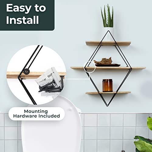 Greenco Geometric Diamond Shaped 3 Tier Mounted Floating Shelves, Rustic Wood Wall Storage Shelves for Bedroom, Living Room, Bathroom, Kitchen, Office, Natural Finish