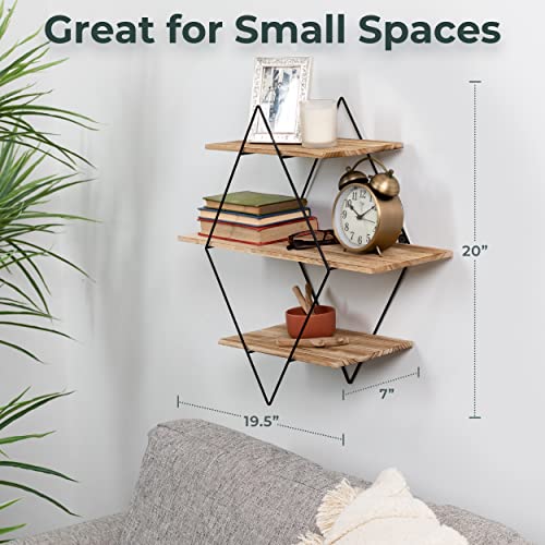 Greenco Geometric Diamond Shaped 3 Tier Mounted Floating Shelves, Rustic Wood Wall Storage Shelves for Bedroom, Living Room, Bathroom, Kitchen, Office, Natural Finish