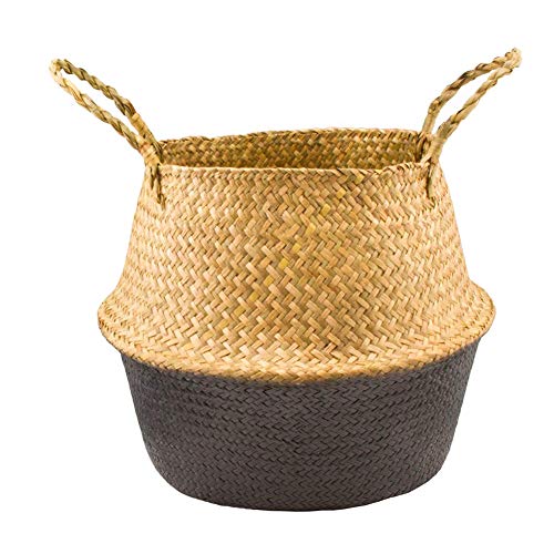 Shineweb Home Storage Organisation, Seagrass Weaving Foldable Home Storage Bucket Toy Sundries Clothes Plants Basket Grey L