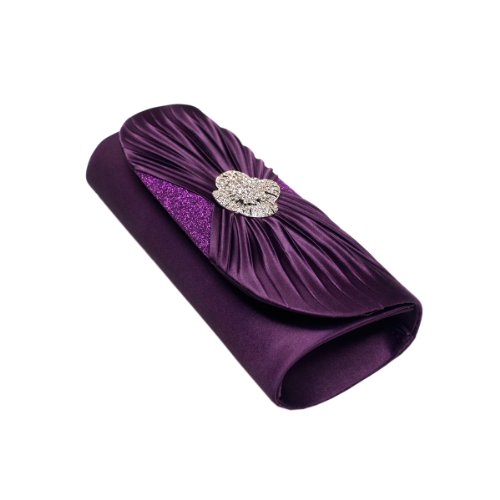 Elegant Cross Pleated Satin Flap Crystal Clutch Evening Bag, Purple