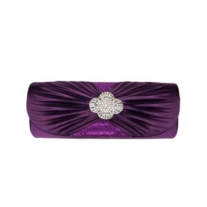 Elegant Cross Pleated Satin Flap Crystal Clutch Evening Bag, Purple