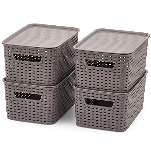 EZOWare set of 4 Lidded Storage Bins, Small Plastic Stackable Weaving Wicker Organizing Baskets Boxes Containers with Lids and Handle, 11 x 7.3 x 5.1 inch