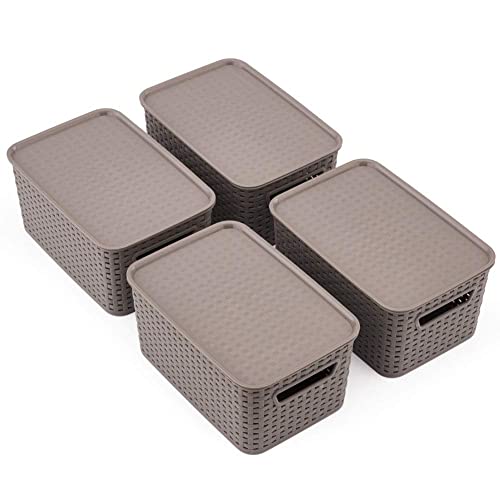 EZOWare set of 4 Lidded Storage Bins, Small Plastic Stackable Weaving Wicker Organizing Baskets Boxes Containers with Lids and Handle, 11 x 7.3 x 5.1 inch