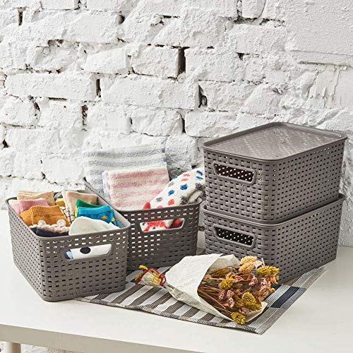 EZOWare set of 4 Lidded Storage Bins, Small Plastic Stackable Weaving Wicker Organizing Baskets Boxes Containers with Lids and Handle, 11 x 7.3 x 5.1 inch