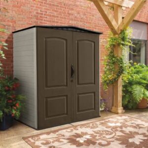 Rubbermaid Medium Vertical Resin Weather Resistant Outdoor Storage Shed, 5 ft. x 4 ft. , Putty/Canteen Brown, for Garden/Backyard/Home/Pool