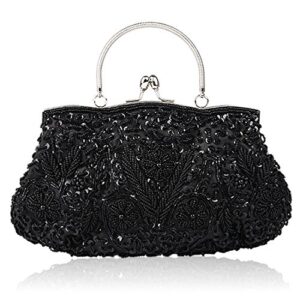 ssmy beaded sequin design flower evening purse large clutch bag (black)