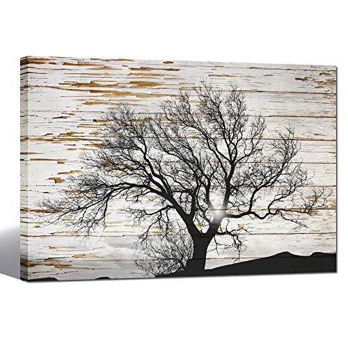 sechars - Black and White Tree in Sunrise on Rustic Wooden Background Canvas Print Winter Landscape Picture Canvas Prints Framed Ready to Hang Modern Living Room Home Ofiice Bedroom Wall Decor 24x36