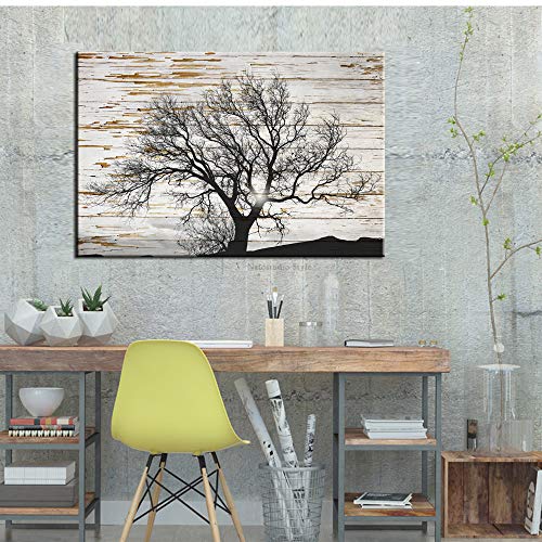 sechars - Black and White Tree in Sunrise on Rustic Wooden Background Canvas Print Winter Landscape Picture Canvas Prints Framed Ready to Hang Modern Living Room Home Ofiice Bedroom Wall Decor 24x36