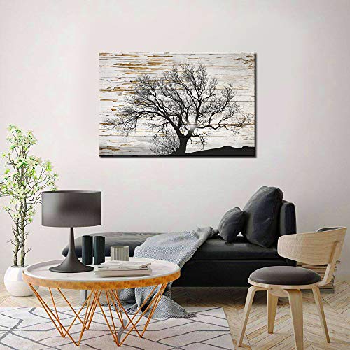 sechars - Black and White Tree in Sunrise on Rustic Wooden Background Canvas Print Winter Landscape Picture Canvas Prints Framed Ready to Hang Modern Living Room Home Ofiice Bedroom Wall Decor 24x36