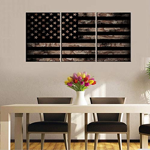 American Flag Wall Art Black and Brown Patriotic Decor Native America Picture for Living Room Military Canvas Artwork 3 Piece Prints Painting House Decor Giclee Framed Ready to Hang Gift(48''Wx 24''H)