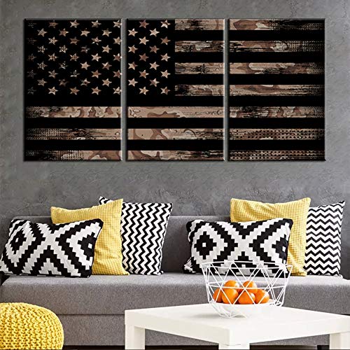 American Flag Wall Art Black and Brown Patriotic Decor Native America Picture for Living Room Military Canvas Artwork 3 Piece Prints Painting House Decor Giclee Framed Ready to Hang Gift(48''Wx 24''H)