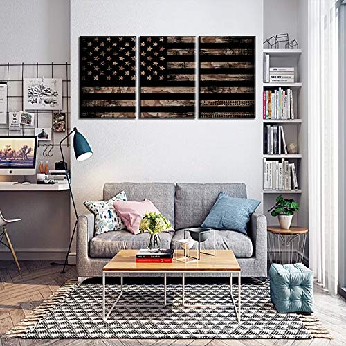 American Flag Wall Art Black and Brown Patriotic Decor Native America Picture for Living Room Military Canvas Artwork 3 Piece Prints Painting House Decor Giclee Framed Ready to Hang Gift(48''Wx 24''H)