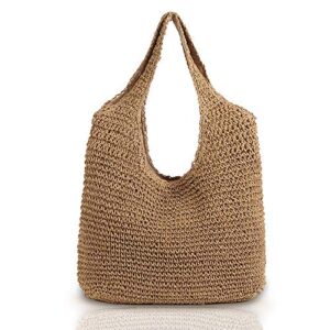 qtkj hand-woven soft large straw shoulder bag boho straw handle tote retro summer beach bag rattan handbag (khaki)