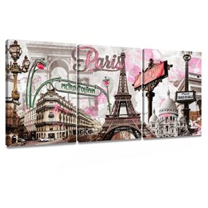 decor mi paris canvas wall art pink eiffel tower paris decor for bedroom canvas print wall art girls romantic french cityscape framed print oil paintings living room bathroom kitchen 12x16inch 3 piece