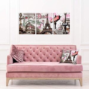 Decor MI Paris Canvas Wall Art Pink Eiffel Tower Paris Decor for Bedroom Canvas Print Wall Art Girls Romantic French Cityscape Framed Print Oil Paintings Living Room Bathroom Kitchen 12x16inch 3 Piece