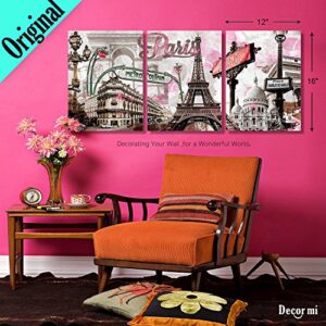 Decor MI Paris Canvas Wall Art Pink Eiffel Tower Paris Decor for Bedroom Canvas Print Wall Art Girls Romantic French Cityscape Framed Print Oil Paintings Living Room Bathroom Kitchen 12x16inch 3 Piece