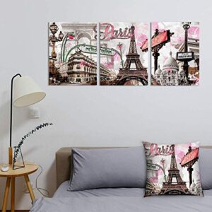 Decor MI Paris Canvas Wall Art Pink Eiffel Tower Paris Decor for Bedroom Canvas Print Wall Art Girls Romantic French Cityscape Framed Print Oil Paintings Living Room Bathroom Kitchen 12x16inch 3 Piece