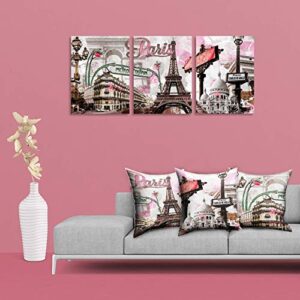 Decor MI Paris Canvas Wall Art Pink Eiffel Tower Paris Decor for Bedroom Canvas Print Wall Art Girls Romantic French Cityscape Framed Print Oil Paintings Living Room Bathroom Kitchen 12x16inch 3 Piece