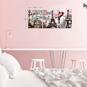 Decor MI Paris Canvas Wall Art Pink Eiffel Tower Paris Decor for Bedroom Canvas Print Wall Art Girls Romantic French Cityscape Framed Print Oil Paintings Living Room Bathroom Kitchen 12x16inch 3 Piece