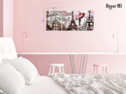 Decor MI Paris Canvas Wall Art Pink Eiffel Tower Paris Decor for Bedroom Canvas Print Wall Art Girls Romantic French Cityscape Framed Print Oil Paintings Living Room Bathroom Kitchen 12x16inch 3 Piece