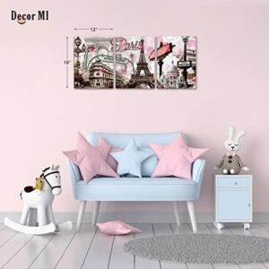 Decor MI Paris Canvas Wall Art Pink Eiffel Tower Paris Decor for Bedroom Canvas Print Wall Art Girls Romantic French Cityscape Framed Print Oil Paintings Living Room Bathroom Kitchen 12x16inch 3 Piece