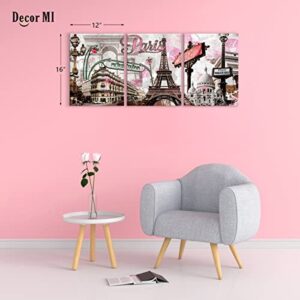 Decor MI Paris Canvas Wall Art Pink Eiffel Tower Paris Decor for Bedroom Canvas Print Wall Art Girls Romantic French Cityscape Framed Print Oil Paintings Living Room Bathroom Kitchen 12x16inch 3 Piece