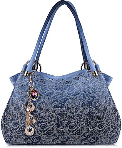 Tinksky Classic Fashion Tote Handbag Leather Shoulder Bag Perfect Large Tote Ls1195 (Grey) (Blue)