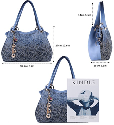 Tinksky Classic Fashion Tote Handbag Leather Shoulder Bag Perfect Large Tote Ls1195 (Grey) (Blue)