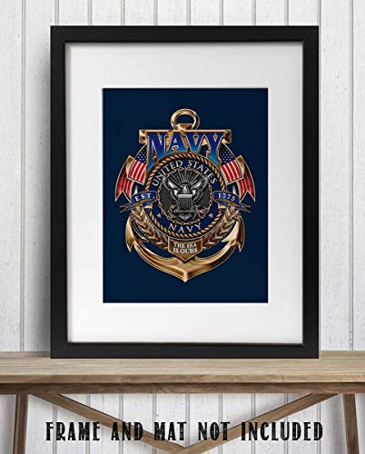 United States Navy-Gold Anchor Crest- 8 x 10"- Naval Wall Art Prints- Ready To Frame-"The Sea is Ours" -Replica Poster Prints. Home-Office-Military Decor. Beautiful Crest-Emblem to Show Navy Pride!