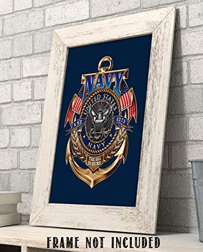 United States Navy-Gold Anchor Crest- 8 x 10"- Naval Wall Art Prints- Ready To Frame-"The Sea is Ours" -Replica Poster Prints. Home-Office-Military Decor. Beautiful Crest-Emblem to Show Navy Pride!