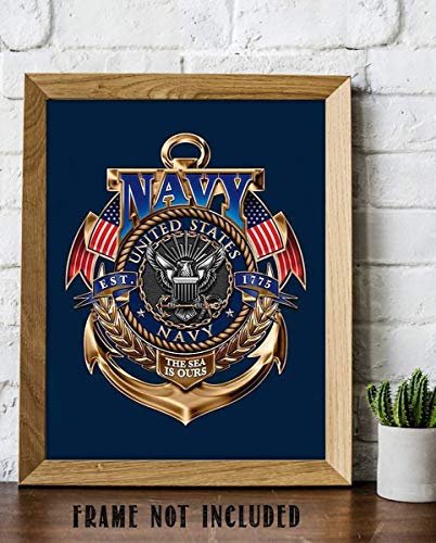 United States Navy-Gold Anchor Crest- 8 x 10"- Naval Wall Art Prints- Ready To Frame-"The Sea is Ours" -Replica Poster Prints. Home-Office-Military Decor. Beautiful Crest-Emblem to Show Navy Pride!