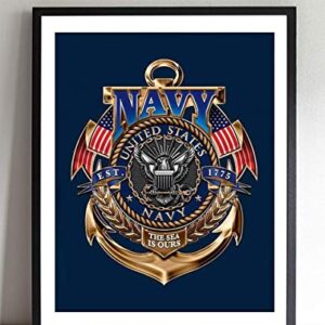 United States Navy-Gold Anchor Crest- 8 x 10"- Naval Wall Art Prints- Ready To Frame-"The Sea is Ours" -Replica Poster Prints. Home-Office-Military Decor. Beautiful Crest-Emblem to Show Navy Pride!