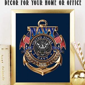 United States Navy-Gold Anchor Crest- 8 x 10"- Naval Wall Art Prints- Ready To Frame-"The Sea is Ours" -Replica Poster Prints. Home-Office-Military Decor. Beautiful Crest-Emblem to Show Navy Pride!