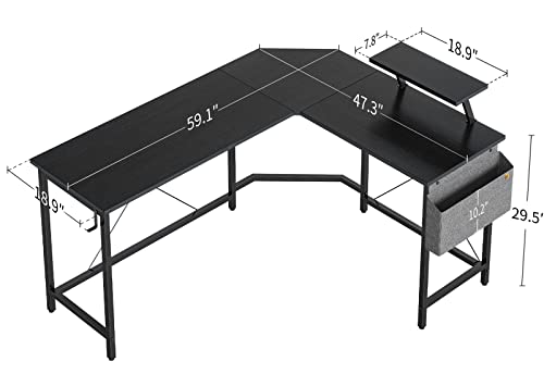 Cubiker 59.1" L-Shaped Gaming Desk, Home Office Computer Desk with Monitor Stand, Black