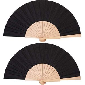 chuangdi 2 pieces wooden fan fabric hand folding fans handheld fans craft fan decoration fan gift fan with drawstring organza bags for men women girls (black)