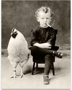 bizarre strange weird decor vintage boy with quirky giant chicken poster – 11×14 unframed vintage print – perfect oddities, curiosities goth decor home, bathroom goth room decor