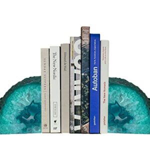 AMOYSTONE 1Pair Teal Agate Bookends Crystal Geode Book Ends 2-3 LBS with Anti-Slip Rubber Bumpers, Holder Small Books