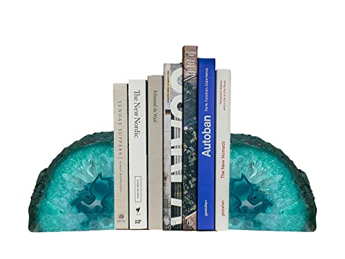 AMOYSTONE 1Pair Teal Agate Bookends Crystal Geode Book Ends 2-3 LBS with Anti-Slip Rubber Bumpers, Holder Small Books