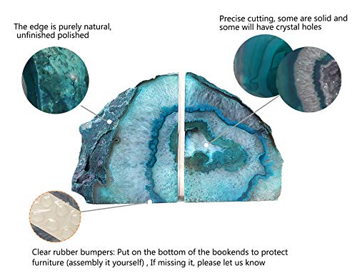 AMOYSTONE 1Pair Teal Agate Bookends Crystal Geode Book Ends 2-3 LBS with Anti-Slip Rubber Bumpers, Holder Small Books