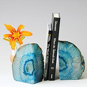 AMOYSTONE 1Pair Teal Agate Bookends Crystal Geode Book Ends 2-3 LBS with Anti-Slip Rubber Bumpers, Holder Small Books