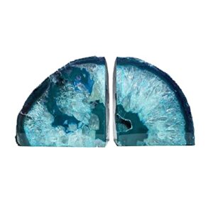 AMOYSTONE 1Pair Teal Agate Bookends Crystal Geode Book Ends 2-3 LBS with Anti-Slip Rubber Bumpers, Holder Small Books