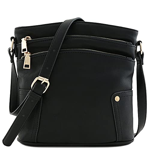 FashionPuzzle Triple Zip Pocket Medium Crossbody Bag (Black)