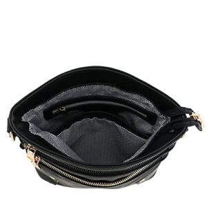 FashionPuzzle Triple Zip Pocket Medium Crossbody Bag (Black)