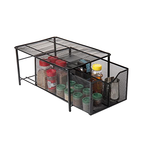 Mind Reader 'CABASKDR' Black Metal Mesh Storage Basket with Sliding Drawer and Steel Mesh Platform On Top