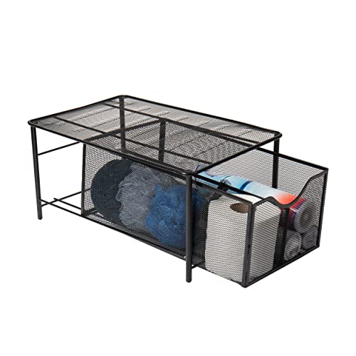 Mind Reader 'CABASKDR' Black Metal Mesh Storage Basket with Sliding Drawer and Steel Mesh Platform On Top