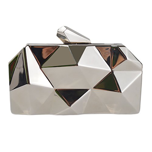 QZUnique Lattice Metal Handbag Geometric Evening Bag Abstract Stone Cut Chain Clutch Purse for Women