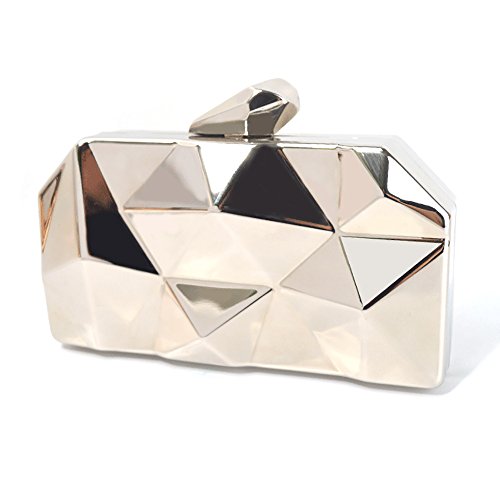 QZUnique Lattice Metal Handbag Geometric Evening Bag Abstract Stone Cut Chain Clutch Purse for Women