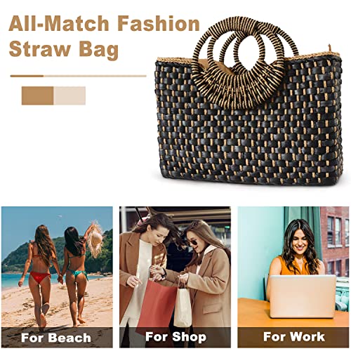 QTKJ Women Summer Retro Straw Bag with Zip Hand-woven Beach Handbag Top Round Handle Boho Tote Bag Shopping and Travel Large Bag (Black)